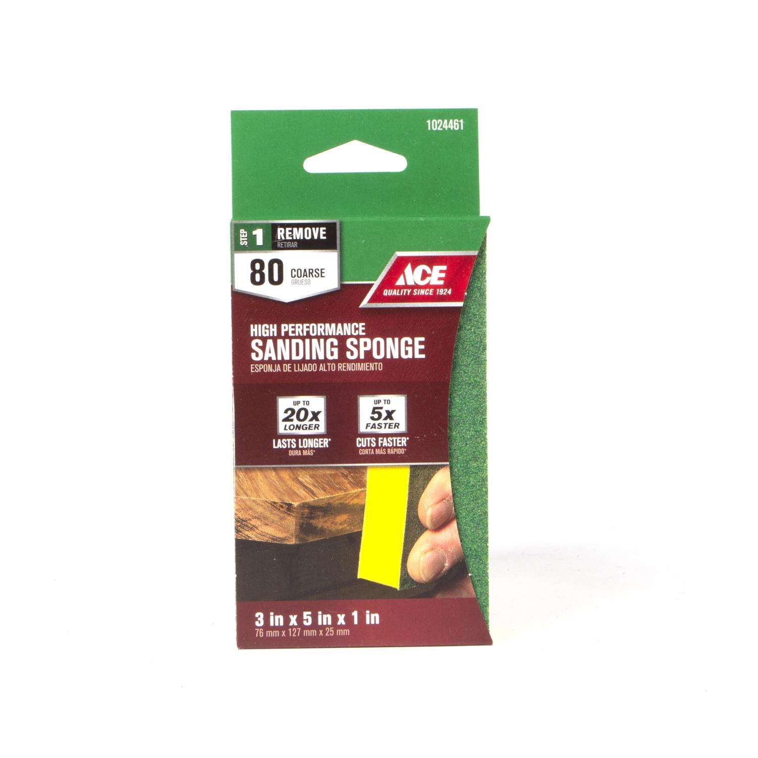 Ace 5 in. L X 3 in. W X 1 in. 80 Grit Medium 2-Sided Sanding Sponge ...