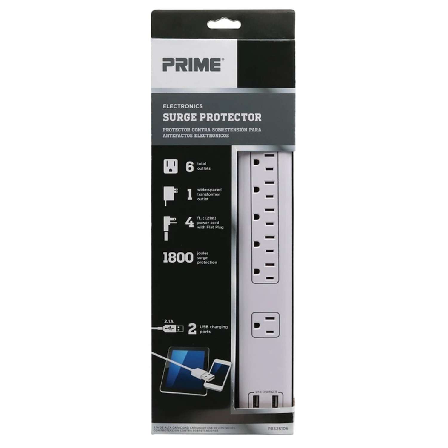 Prime 4 ft. L 6 outlets Surge Protector with USB Port White 1800 J ...