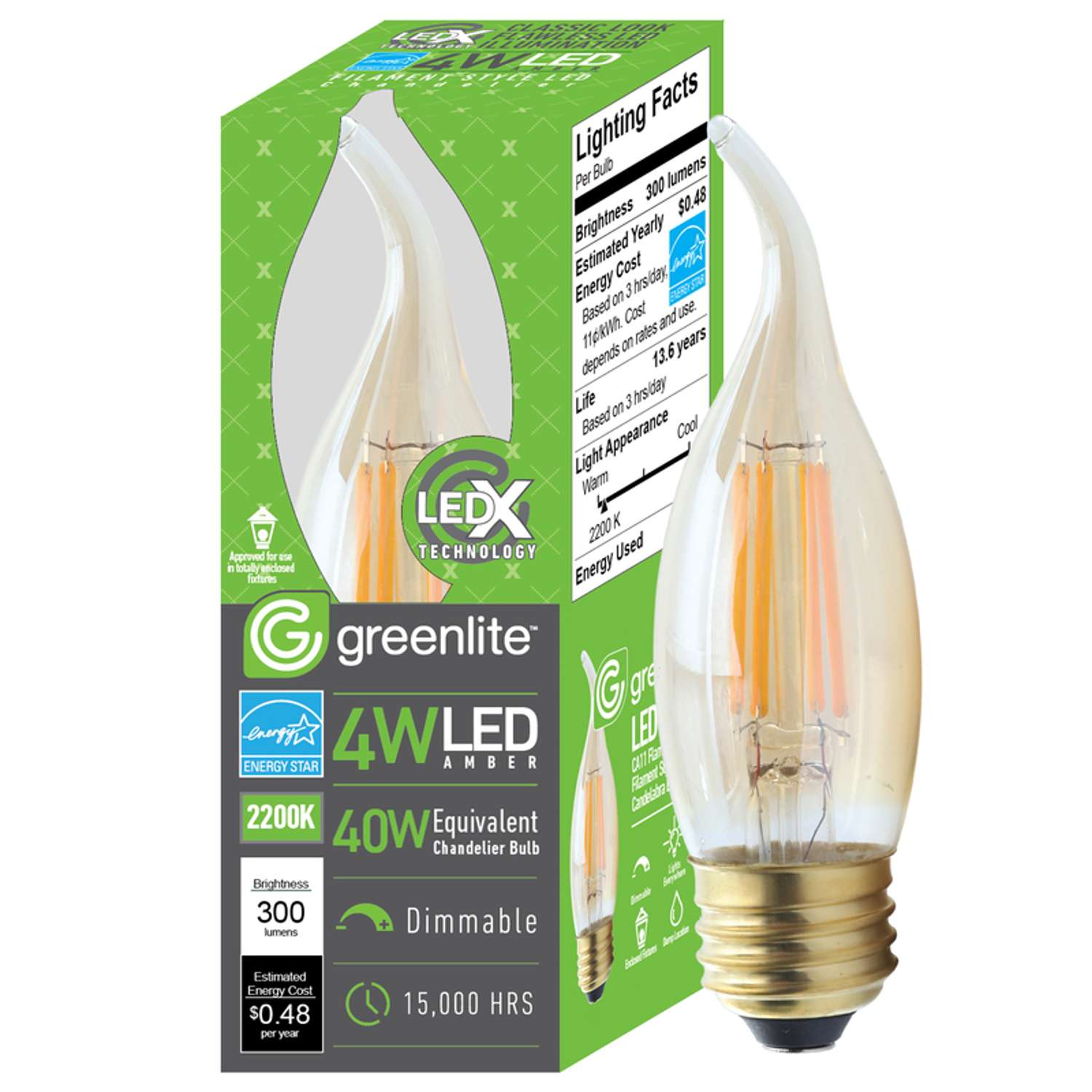 Greenlite C10 E26 (Medium) LED Flame Bulb Warm White 40 Watt ...