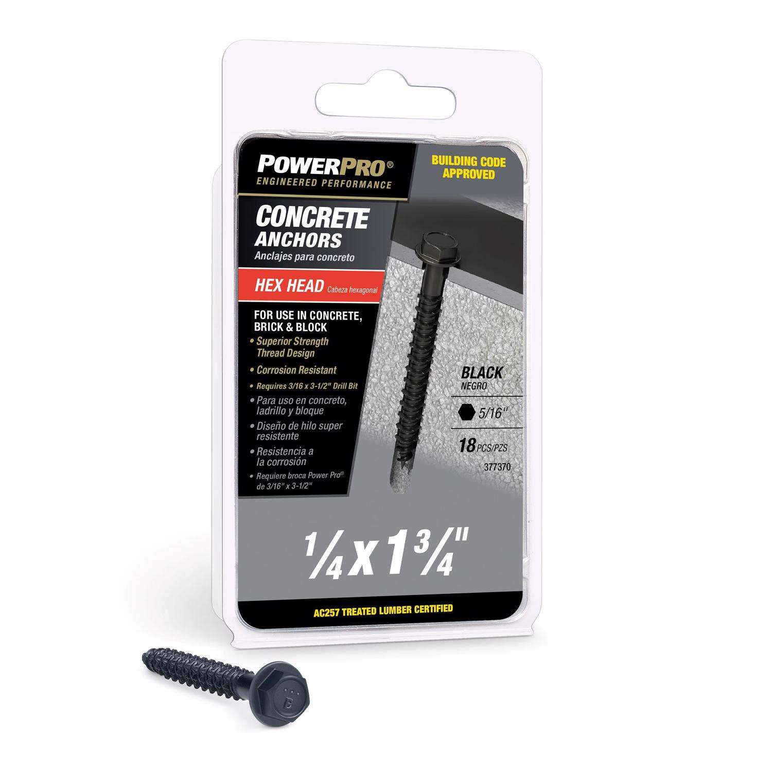 Power Pro 1/4 in. D X 1-3/4 in. L Carbon Steel Hex Head Concrete Screw ...