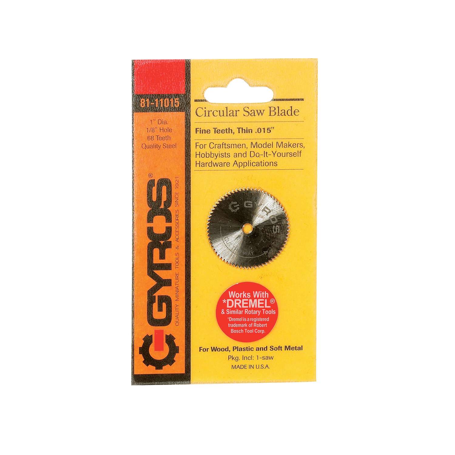 Gyros Tools 1 in. D X 1/8 in. Fine Steel Circular Saw Blade 68 teeth 1 ...