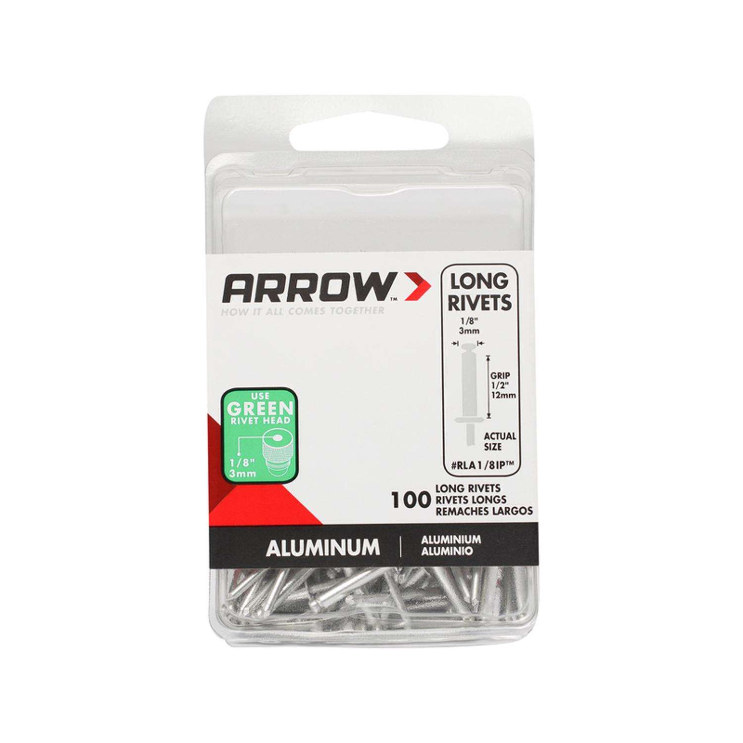 Arrow 1/8 in. D X 1/2 in. Aluminum Long Rivets Silver 100 pk - Ace Hardware