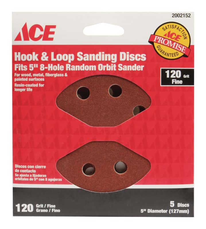 Ace 5 in. Aluminum Oxide Hook and Loop Sanding Disc 120 Grit Fine 5 pk ...