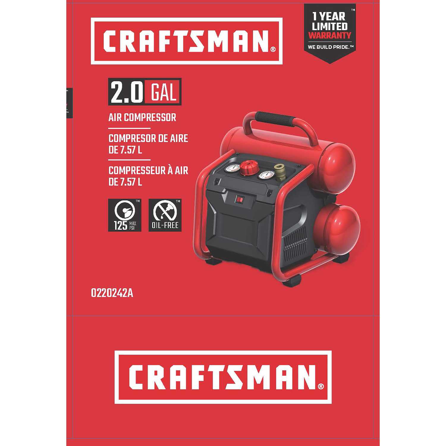 Craftsman 2 gal. Twin Stack Portable Air Compressor 125 psi 0.3 hp ...