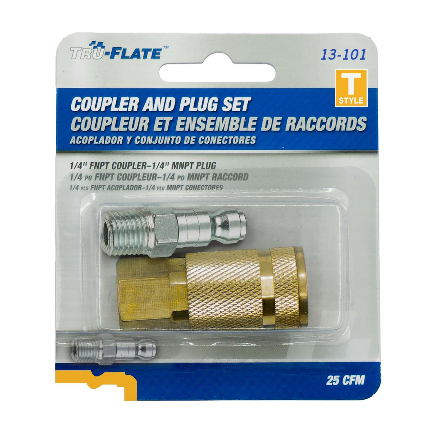 Tru-Flate Brass/Steel T Style Air Coupler and Plug Set 1/4 in. FPT X 1/ ...