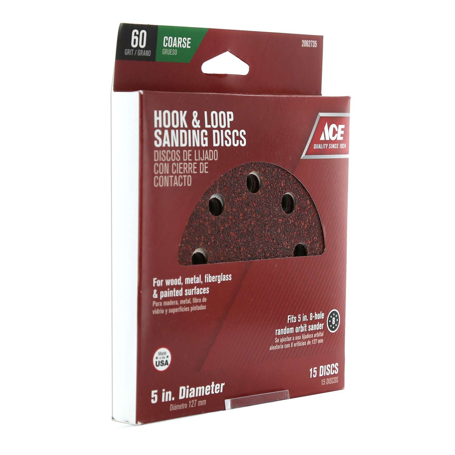 Ace 5 in. Aluminum Oxide Hook and Loop Sanding Disc 60 Grit Coarse 15 ...