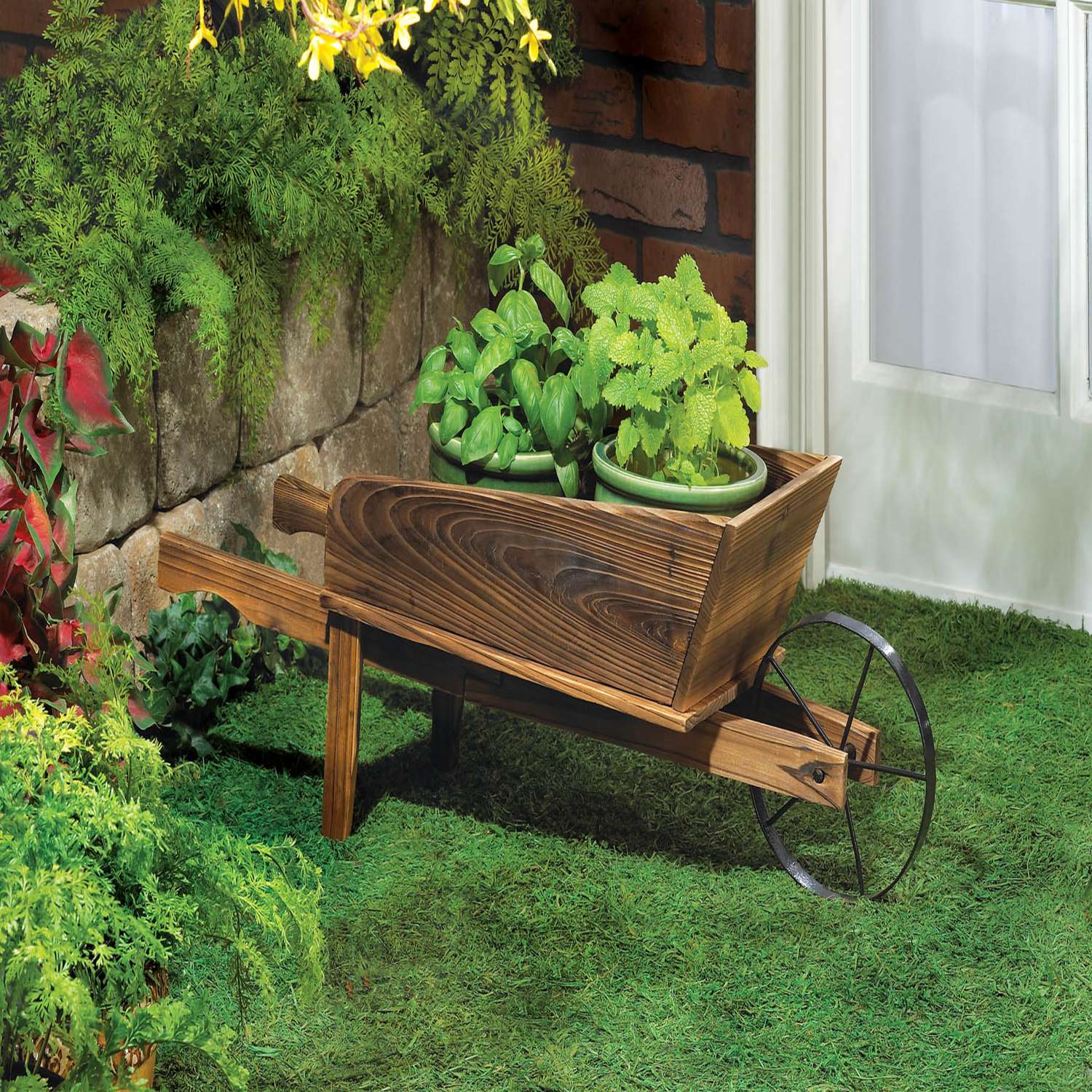 Summerfield Terrace Wheel Barrow 11.25 in. H Brown Wood Plant Stand ...
