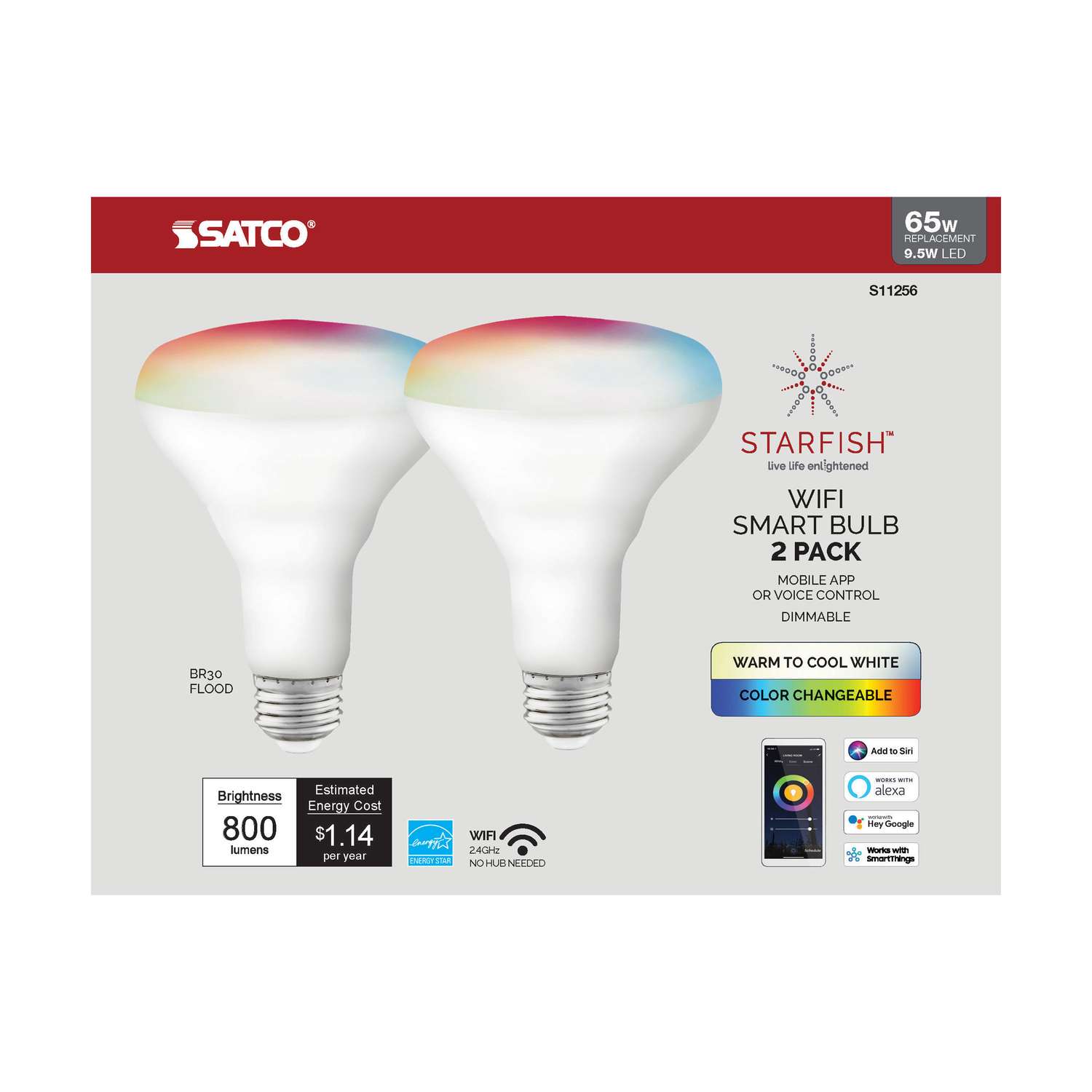 Satco Starfish BR30 E26 (Medium) Smart-Enabled LED Bulb Tunable White/Color Changing 65 Watt ...