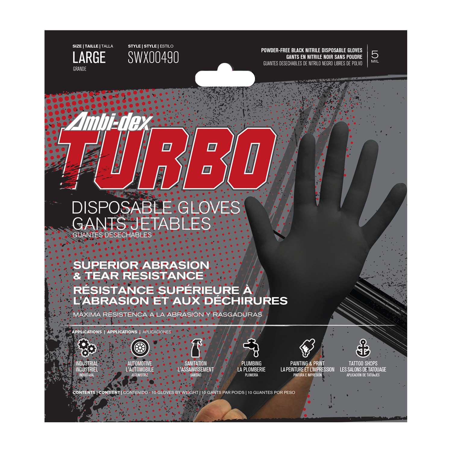 Ambi-Dex Turbo Nitrile Disposable Gloves Large Black Powder Free 10 pk ...