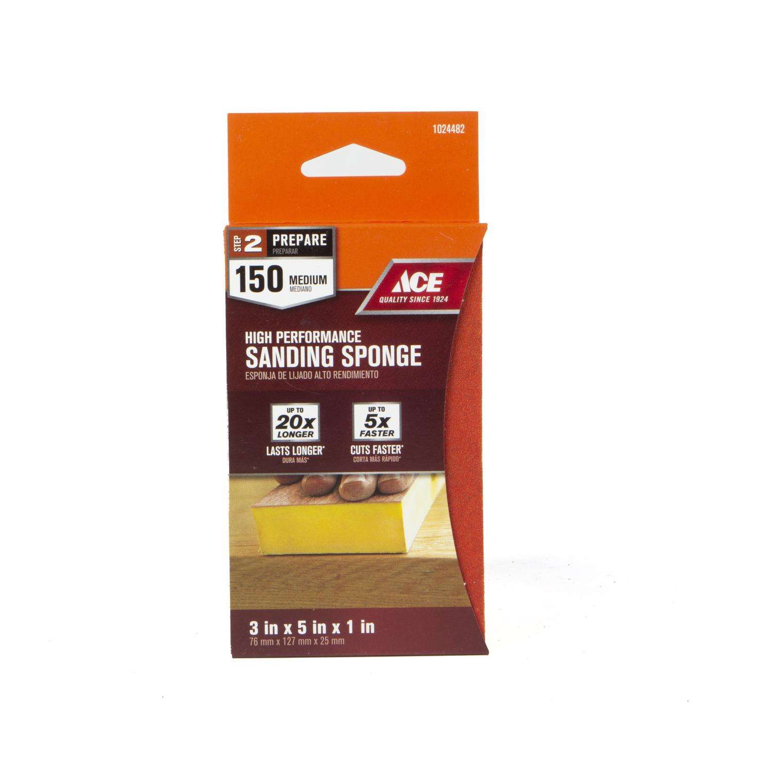 Ace 5 in. L X 3 in. W X 1 in. 150 Grit Fine 2-Sided Sanding Sponge ...