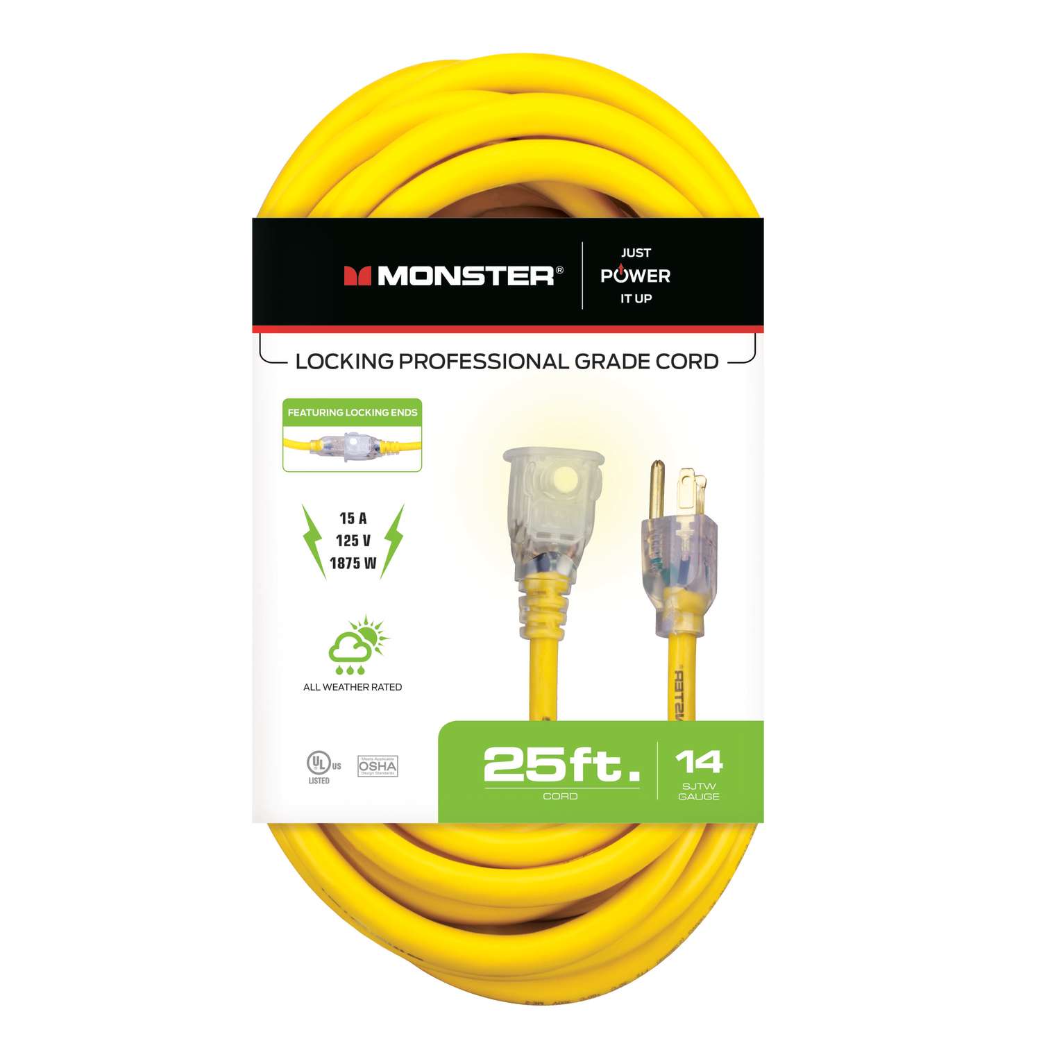 Monster Just Power It Up Outdoor 25 ft. L Yellow Extension Cord 14/3 ...