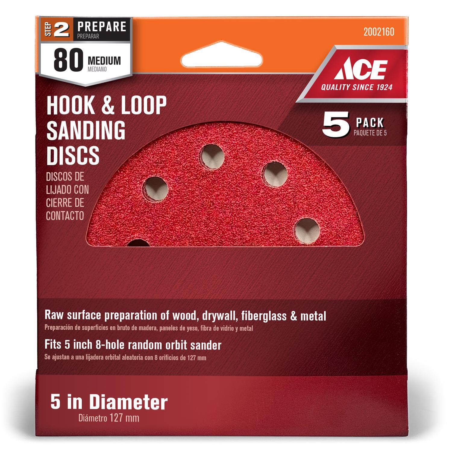 Ace 5 in. Aluminum Oxide Hook and Loop Sanding Disc 80 Grit Medium 5 pk ...