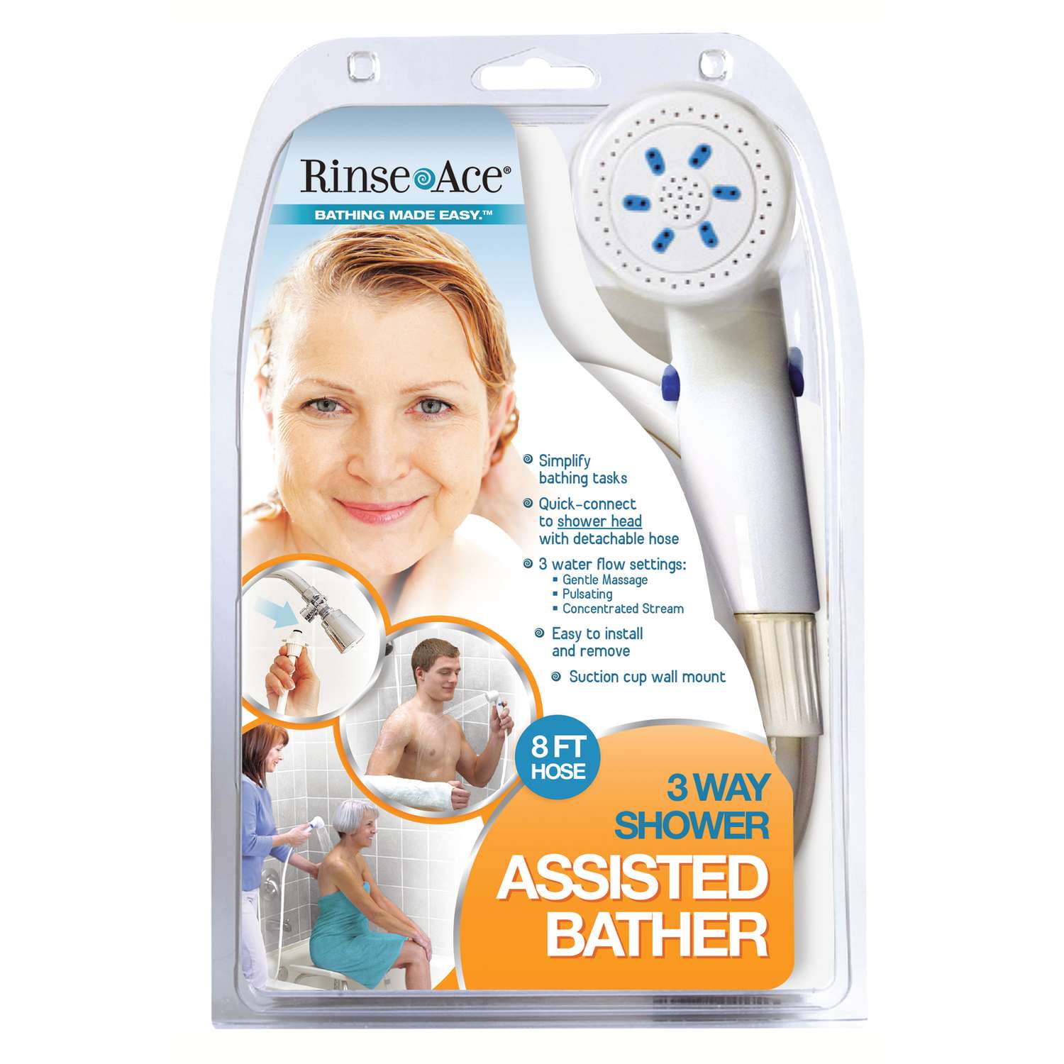Rinse Ace Assisted Bather White ABS 3 settings Handheld Showerhead 2.5 ...