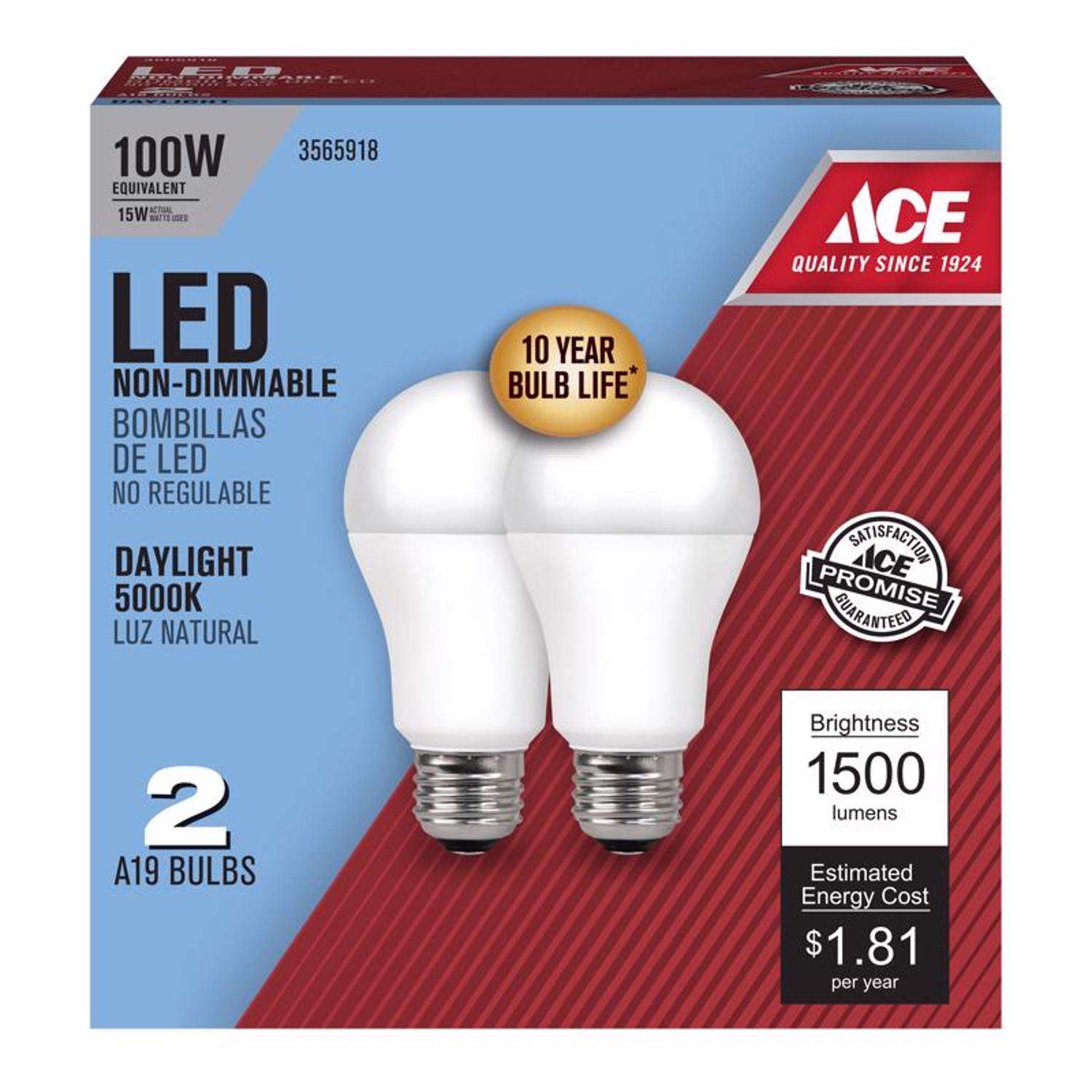 Ace A19 E26 (Medium) LED Bulb Daylight 100 Watt Equivalence 2 pk - Ace ...