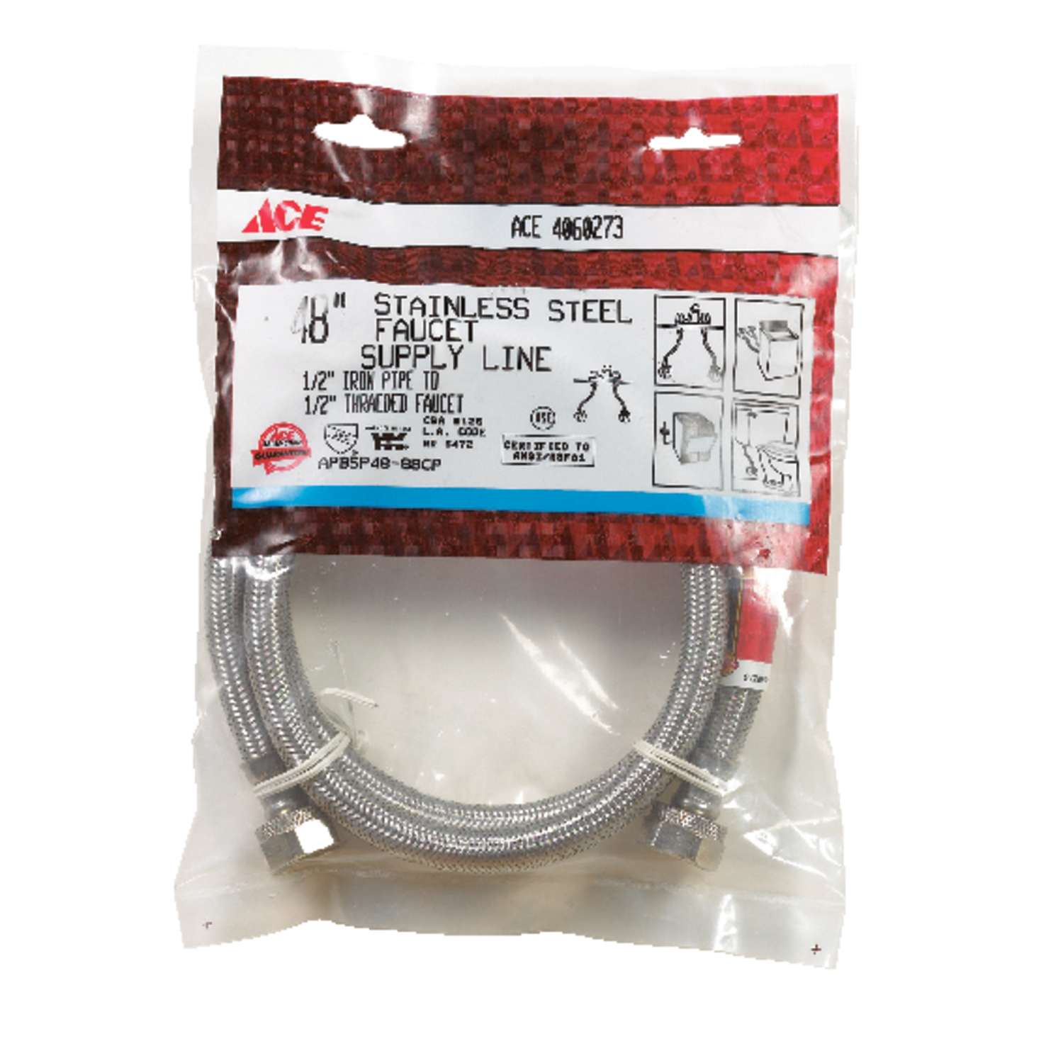 Ace 1/2 in. FIP T X 1/2 in. D FIP 48 in. Braided Stainless Steel Supply ...