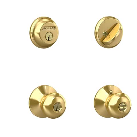 Schlage Bright Brass Knob and Single Cylinder Deadbolt 1-3/4 in. - Ace ...