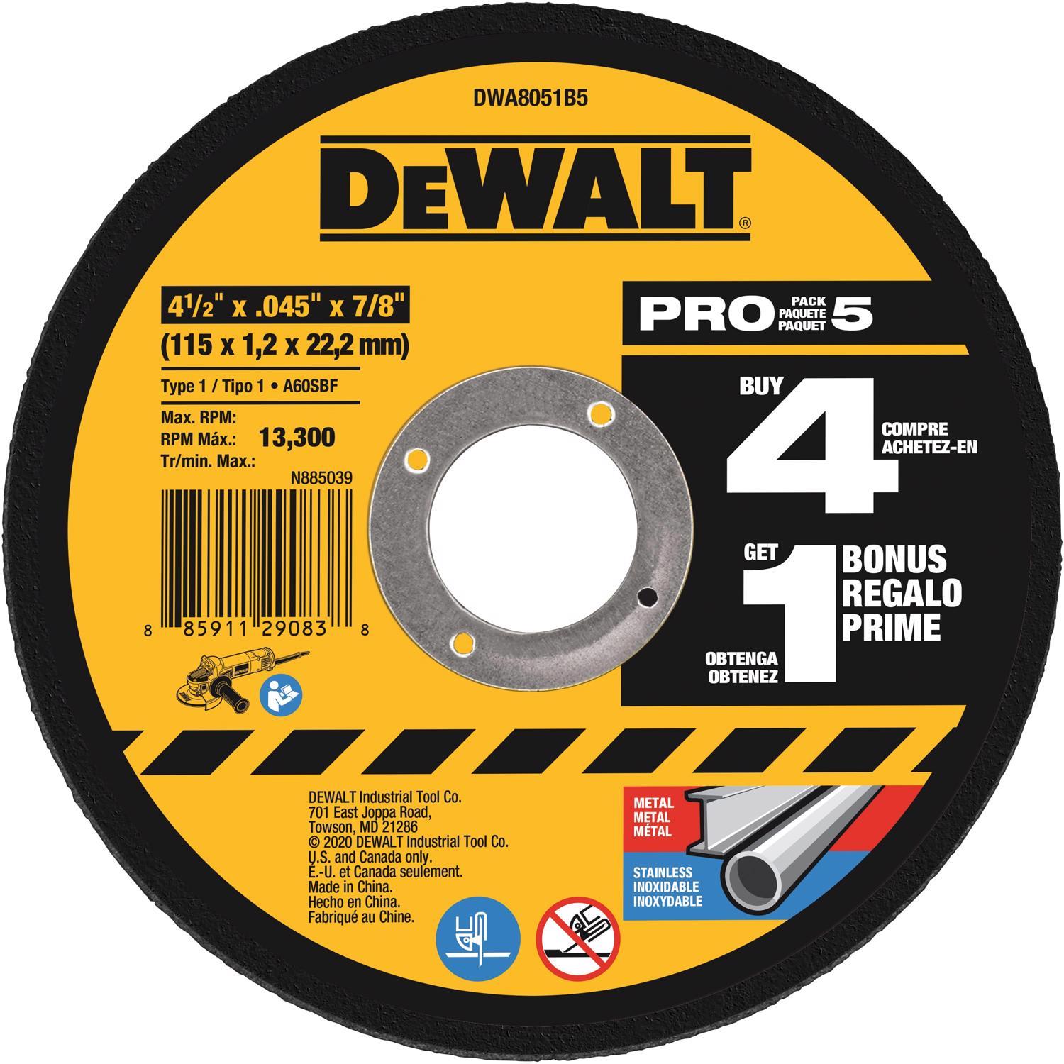 DeWalt 4-1/2 in. D X 7/8 in. Cutting/Grinding Wheel 5 pk Mfr# DWA8051B5 ...